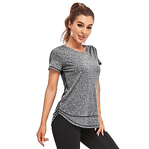 Abrooical Short Sleeve Yoga Tops for Women Workout Curved Hem Side Split Casual Sports Outfit Tees Dark Grey XX-Large