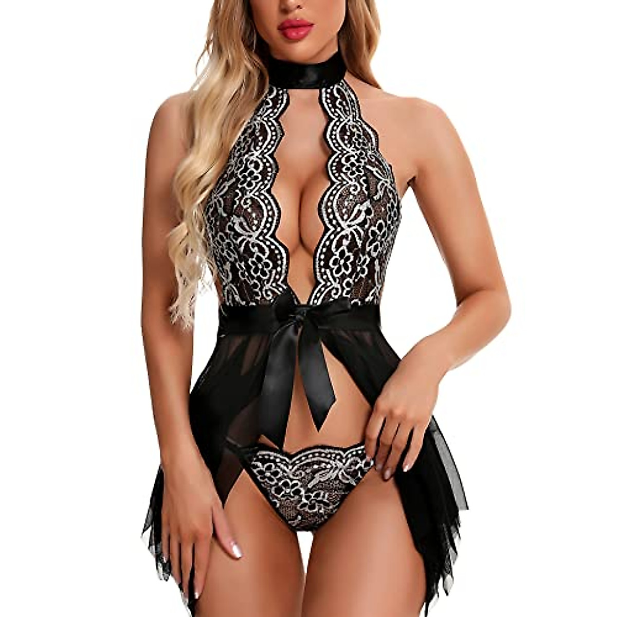 RSLOVE Women Lace Lingerie Babydoll Sexy Chemise Exotic Nightgowns Bridal Nightdress Black L