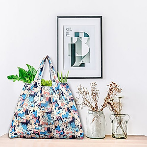 KINGMAS Reusable Grocery Bags, Set of 5 Eco-Friendly Folding Tote Shopping Bag fits in Pocket, Washable/Durable/Waterproof Nylon holds Heavy Duty Groceries Bags