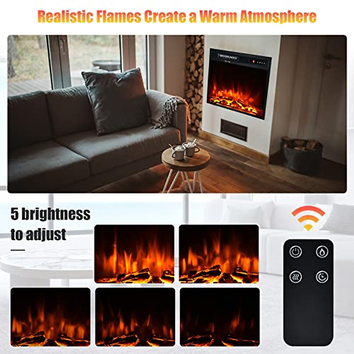 Tangkula 18 Inch Recessed Electric Fireplace Insert, 1500W Freestanding Fireplace Stove Heater W/Adjustable Flame Effect & Temperature, Built-in Thermostat, Timing Function, Remote Control