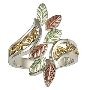 Sterling Silver Black Hills Ladies Ring with 10k Gold Accents and 12k Leaves