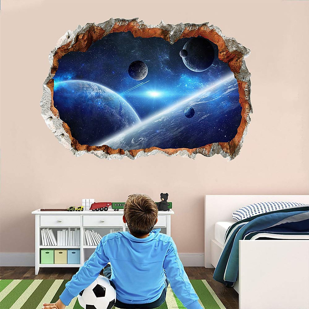 HERRA 3D Planet Universe Galaxy Outer Space Wall Decal Spacecraft Astronaut Wall Stickers, Peel and Stick Removable Space Capsule Window Wall Stickers Wall Mural for Kids Room (blue2)