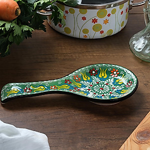 BCS Spoon Rest Set of 2 - Ceramic Spoon Holder for Stovetop & Kitchen Counter - Dishwasher Safe Handmade Kitchen Utensil (Green-Orange 4.5” W x 9" L)