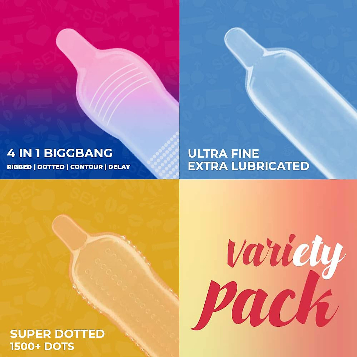 NottyBoy Bulk Condoms 144 Count Variety Pack - Ribbed and Dotted, Extra Lube, 4 in One, Ultra Fine, 1500 Dots, Super Slim, 3 in 1 and Flavours