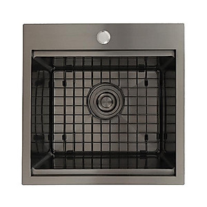 STARSTAR Workstation Ledge Topmount/Drop-in Single Bowl Black Matte Stainless Steel Kitchen/Yard/Bar/Laundry/Office Sink, With Grid, Dark Cutting Board, Strainer (15x15x9)