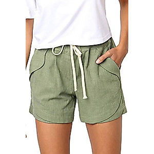 QACOHU 2024 Women's Drawstring Elastic Waist Casual Solid Comfy Cotton Linen Beach Shorts Green XL Womens Linen Summer Pants
