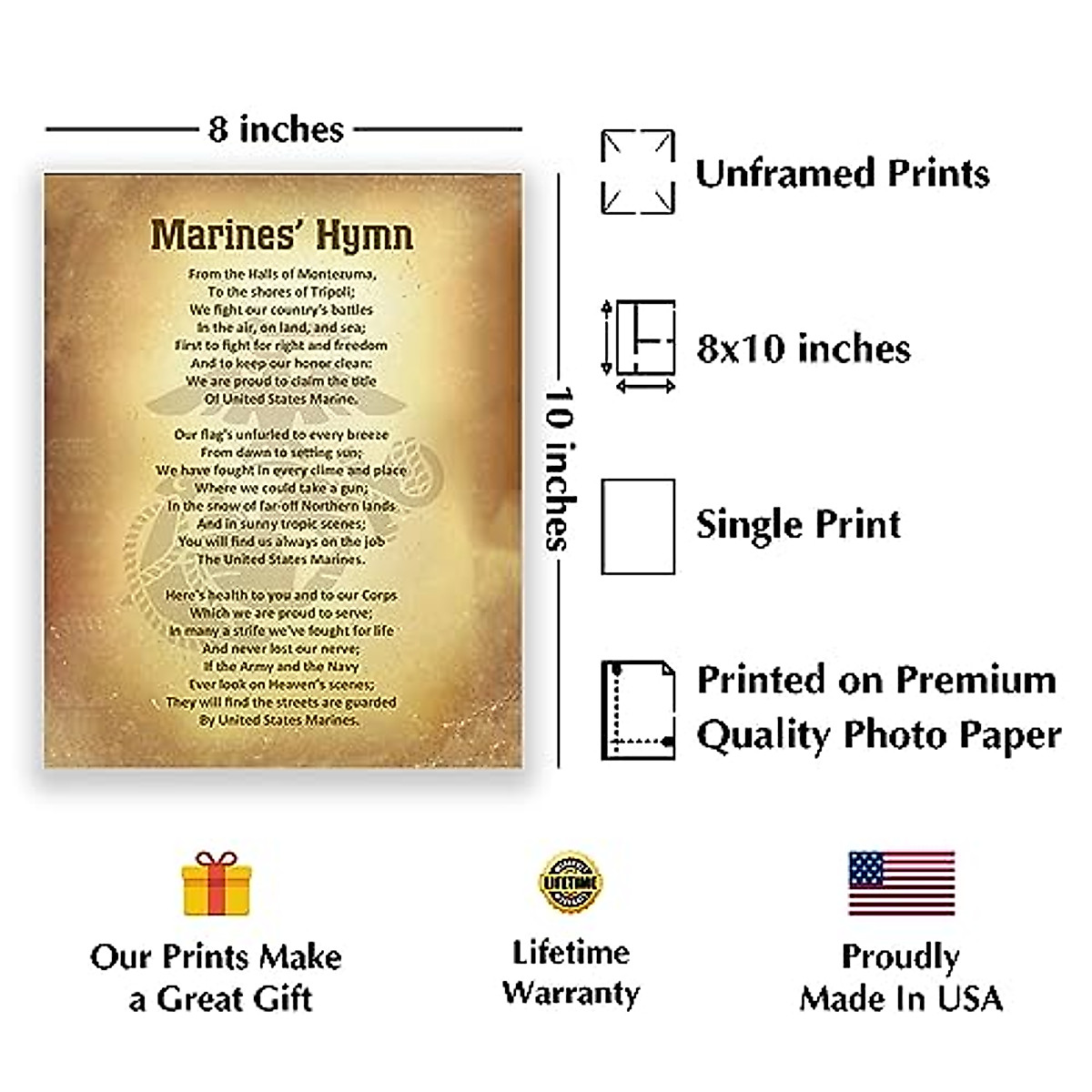 Marine Corps Hymn - Song Lyrics Wall Art Poster, This Ready to Frame Distressed Parchment Replica Logo Wall Art Decor Print is Good For Music Room, Office, and StudioRoom Decor, Unframed - 8X10”
