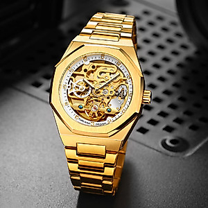 Tiong Steampunk Tourbillon Design Watch Golden Stainless Steel Waterproof Men Automatic Mechanical Wristwatch