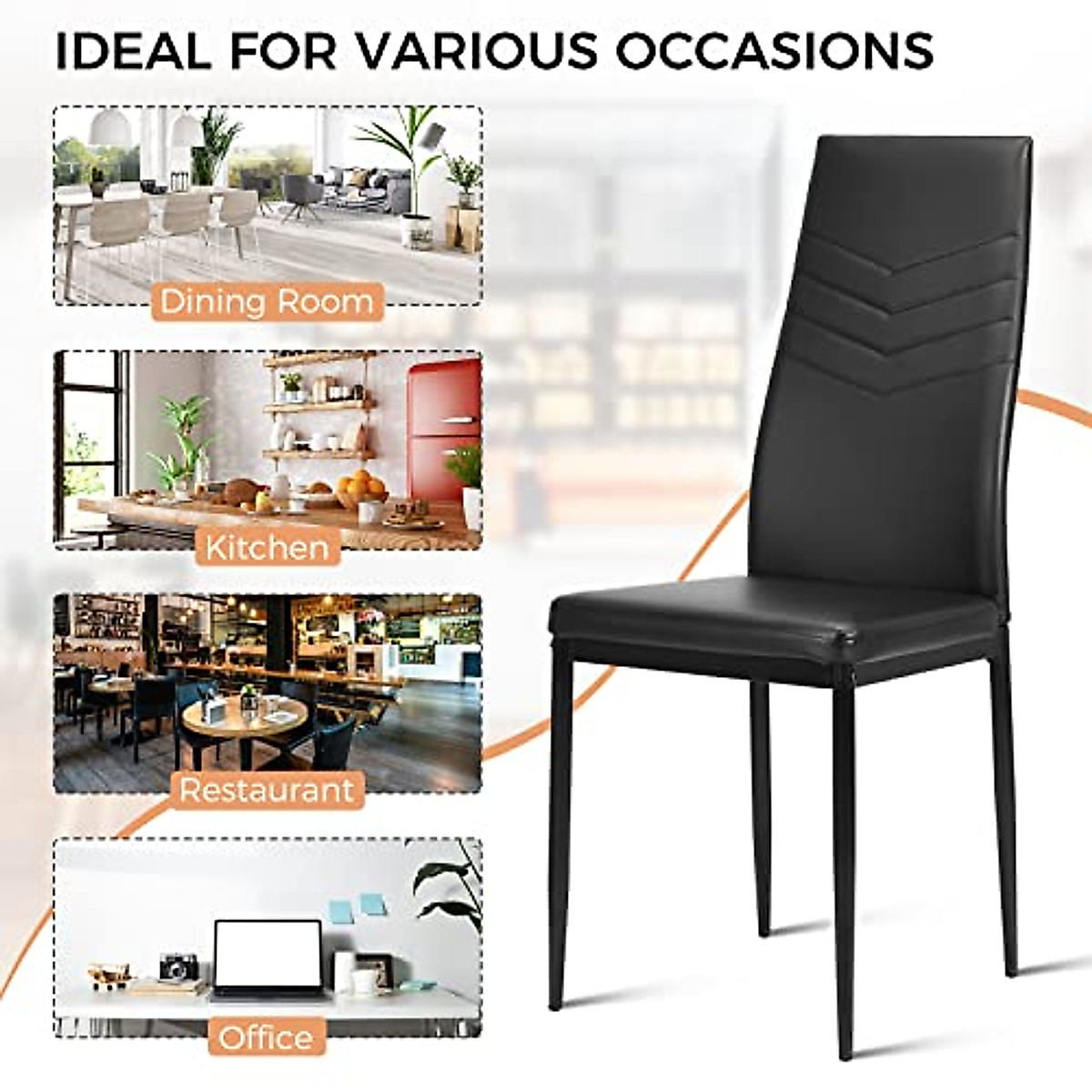ERGOMASTER Dining Chairs Set of 4 Black PVC Dining Room Chairs Modern Soft Leather Padded Living Room Side Chairs with Sturdy Metal Legs & Non-Slip Feet Pads