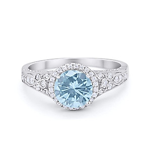 Blue Apple Co. Art Deco Vintage Style Wedding Ring Round Simulated Aquamarine Cubic Zirconia 925 Sterling Silver Size-7