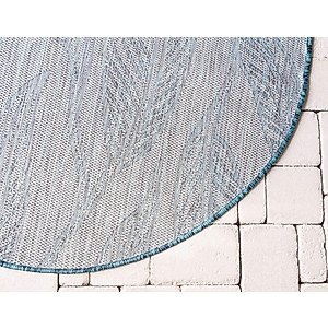 Unique Loom Outdoor Botanical Collection Area Rug - Leaf (4' 1" Round, Teal/ Ivory)