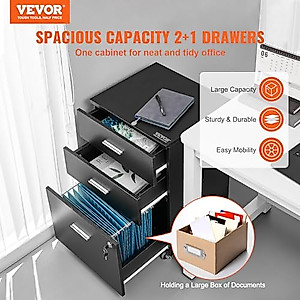 VEVOR File Cabinet, 3-Drawer Wood Filing Cabinet, Locking Office Cabinet for Letter/A4 Size, File Cabinet with 5 Wheels for Home Office, Black