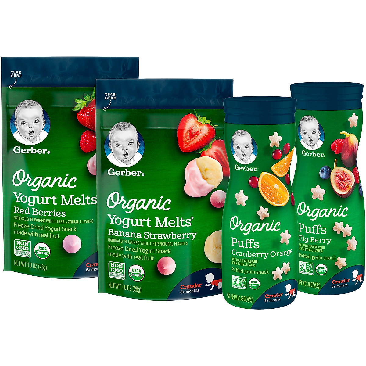 Gerber Up Age Snacks Variety Pack - Organic Yogurt Melts & Organic Puffs, 7Count & Lil Crunchies, Mild Cheddar & Veggie Dip, 8 Count