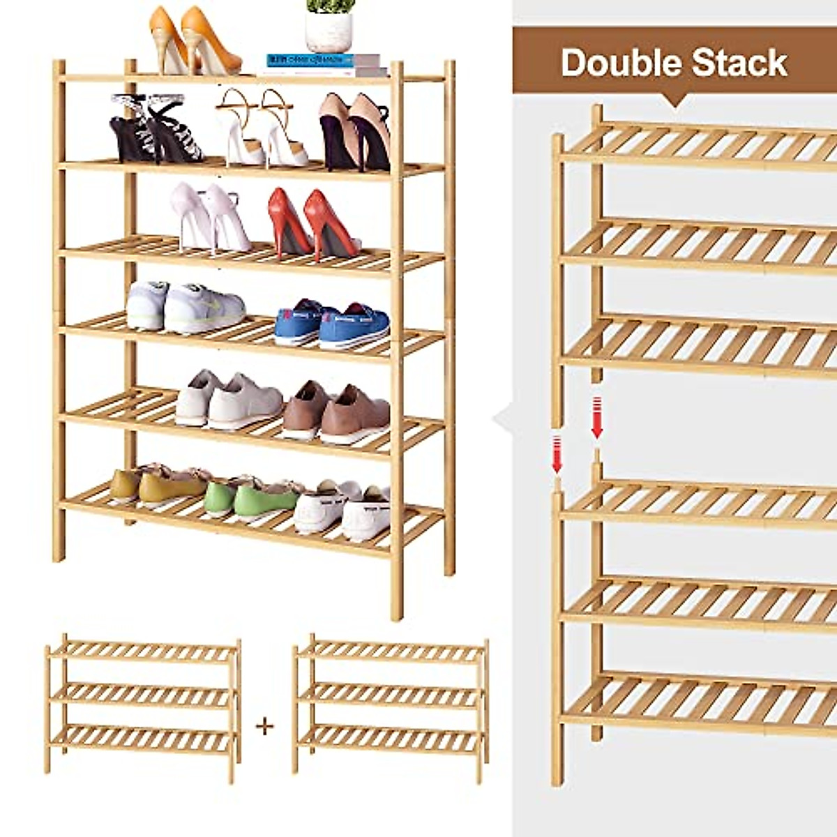 FILWH Bamboo Shoe Rack Stackable Shoe Shelf Storage Organizer for Unit Entryway Hallway and Closet Sturdy Freestanding Shoe Shelf Natural (3 Tier)