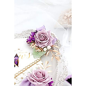 Ansofi Purple Corsage and Boutonniere Set, Prom Artificial Flower Wrist Corsage Bracelets, Homecoming Corsage Wristlet, Boutonniere for Men Wedding Flowers Accessories Prom Suit Decorations