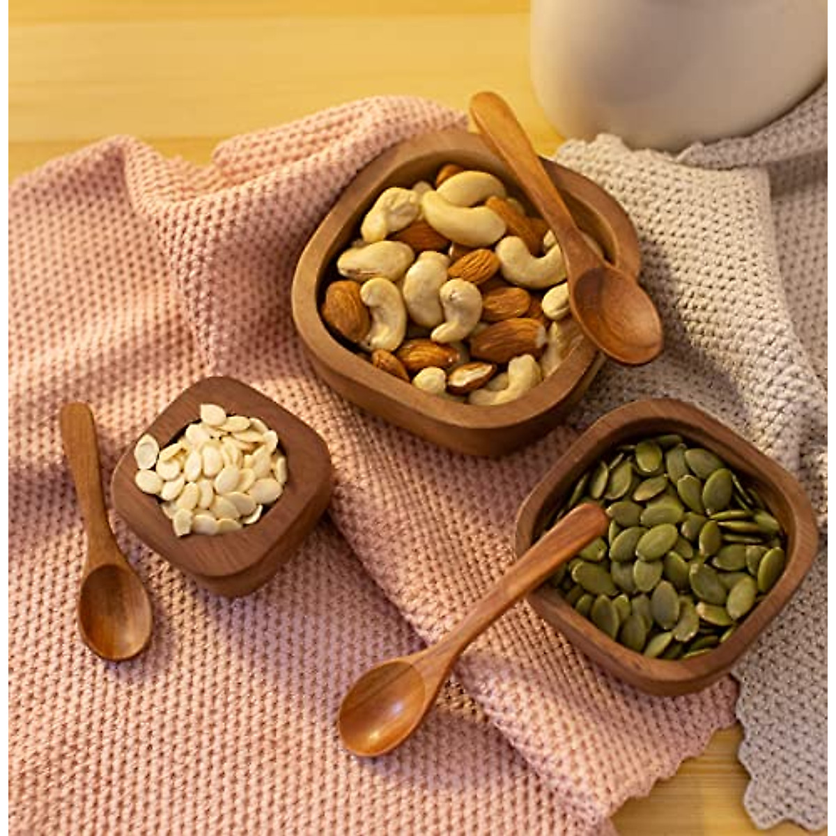 Tiny Acacia Wood Nesting Square Set 3 Serving Bowl 3¾”, 2¾”, 2⅛” Small 3 Wooden Spoon Mix size Stackable little Dish for Prep Salt Pepper Mustard Wasabi Dip sauce Salsa Nut Tableware Wooden Nest Bowl