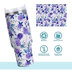 Adornlife Violet Flowers 30 oz Tumbler with Handle and Straw Lid, 100% Leak-proof Travel Coffee Mug, Stainless Steel Insulated Cup For Beverages, Cupholder Friendly