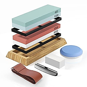 Whetstone Knife Sharpening Stone 4 Side Grit 400/1000 3000/8000 Waterstone, Whetstone Knife Sharpener, Sharpening Stone Whetstone Set with Bamboo Base, Flatting Stone, Angle Guide & Leather Strop