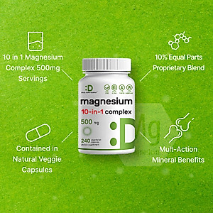 Magnesium Complex Supplement 500mg, 240 Veggie Capsules – 10 in 1 – Glycinate, Citrate, Malate, & More – Chelated Minerals for Muscle & Joint Health.