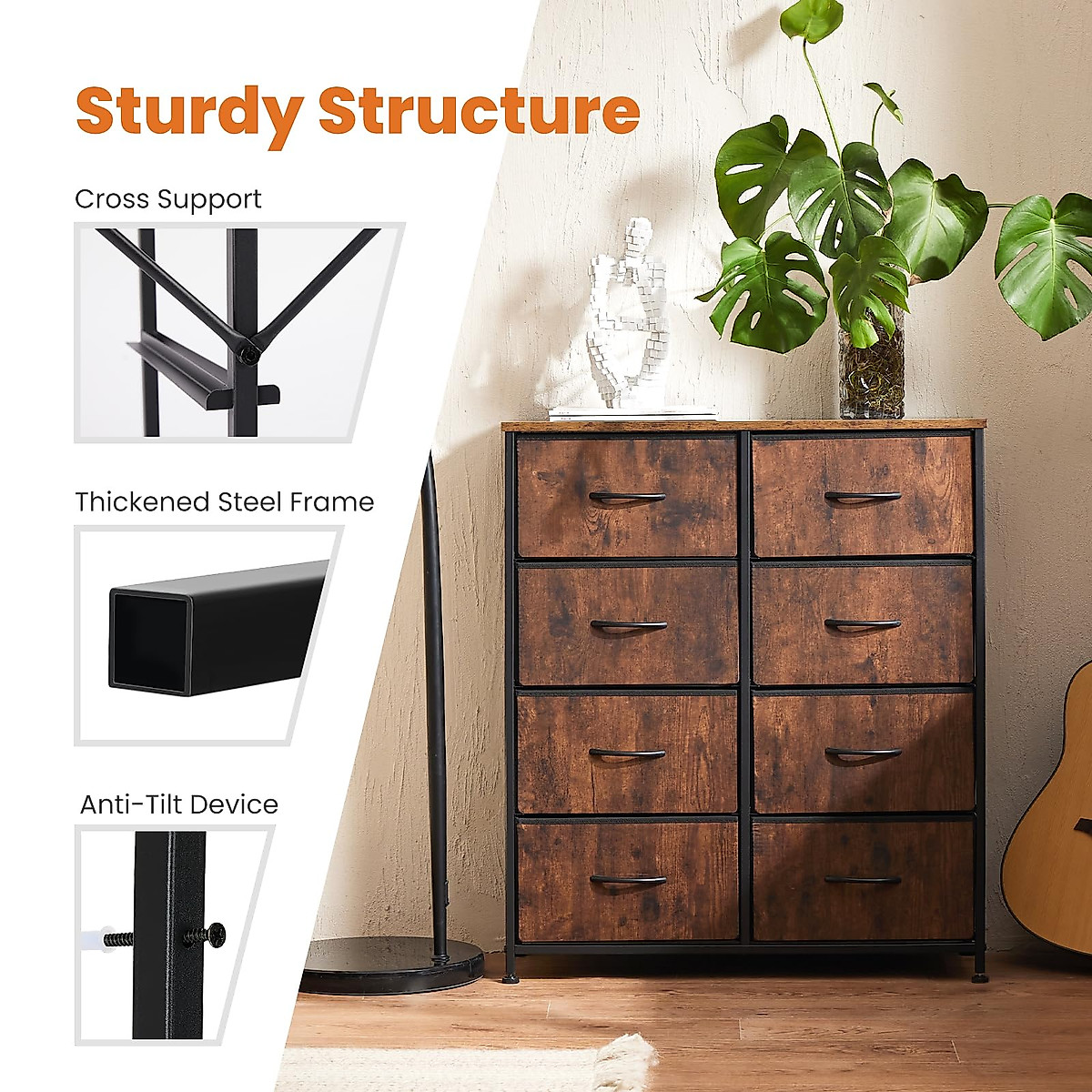 Sweetcrispy Dresser for Bedroom with 8 Fabric Drawers, Tall Chest Storage Tower, Organizer Units for Clothing Closet, Kidsroom Furniture, Steel Frame, Wood Top, Lightweight Quick Assemble Cabinet