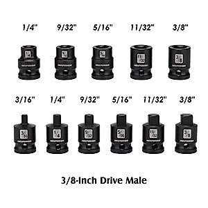 MIXPOWER 11 Pieces 3/8-inch Drive Pipe Plug Socekt Set, SAE, CR-MO, Tapered Male Square Drive, Chamfered Female Square Drive