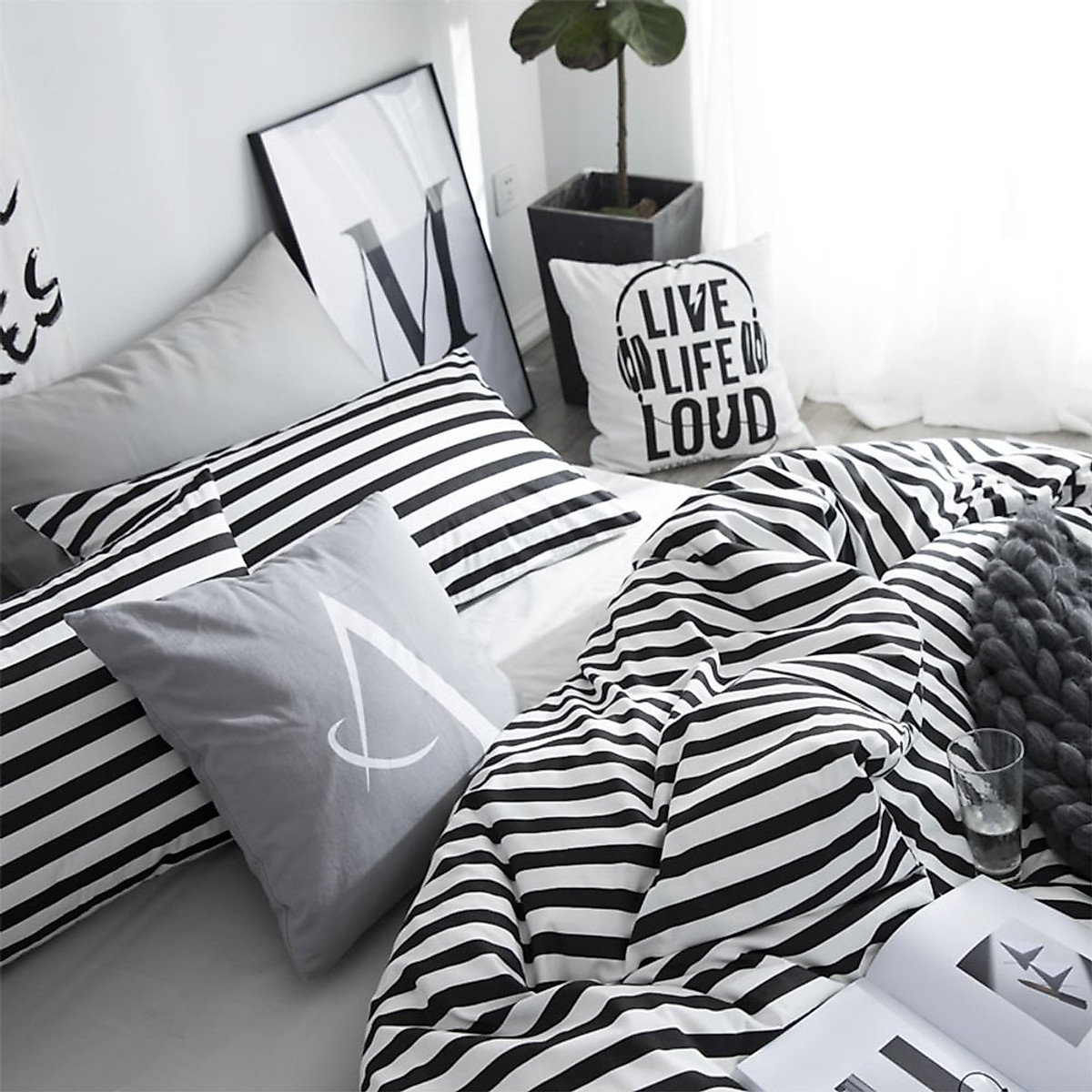 CLOTHKNOW Striped Queen Comforter Set 3Pcs Black White Bedding Comforter Sets Farmhouse Comforter Queen with 2 x Pillowcases
