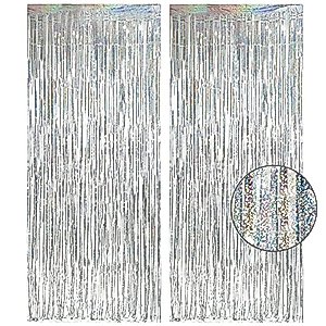 Silver Foil Fringe Tinsel Backdrop Glitter - GREATRIL Party Streamers Backdrop Curtains for Birthday/Christmas/New Year/Bachelorette Party/Disco Dancing Ball Decorations - Pack of 2