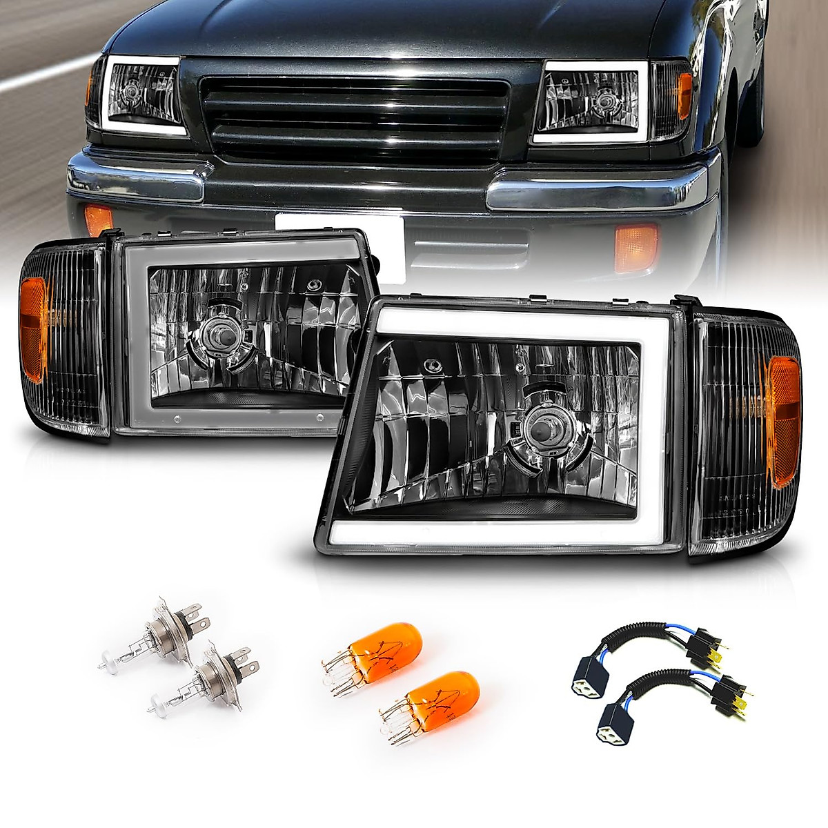 AmeriLite for 1998-2000 Toyota Tacoma 4WD Pickup LED Tube Black Reaplcement Headlights + Corner Light Set - Passenger and Driver Side