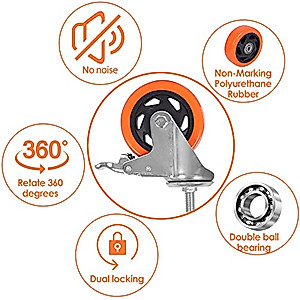 Stem Casters Heavy Duty Swivel Threaded Stem Caster Wheels with American Size 1/2''-13x1'' Thread Dual Locking Wheel with Brakes Pack of 4 (4 inch, with Brake)