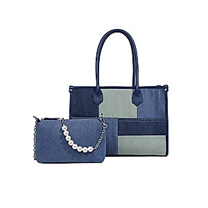 GLOD JORLEE Stylish Large Tote Bags for Women, Large Denim Shoulder Tote Handbags with a Small Denim Purses(Blue)