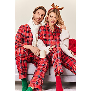 Ekouaer Matching Christmas Pajamas for Couples Silky Soft Sleepwear Winter Long Sleeve Button Up Two Piece Pjs,Christmas Red Plaid,M