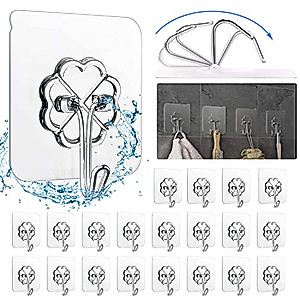 Adhesive Hooks Kitchen Wall Hooks- 20 Packs Heavy Duty 21lb(Max) Nail Free Sticky Hangers with Stainless Hooks Reusable Utility Towel Bath Ceiling Hooks 11111