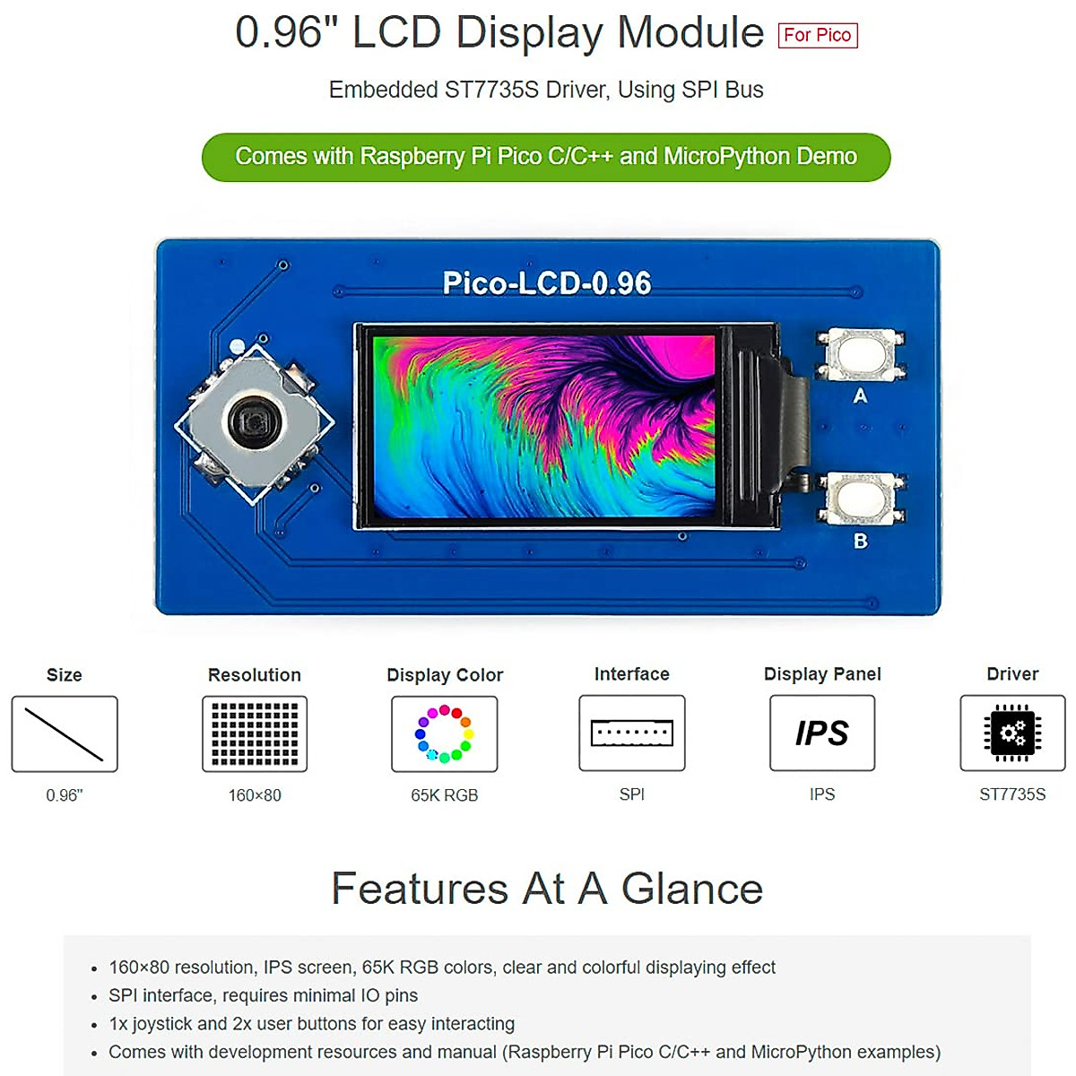 waveshare 0.96 inch LCD Display for Raspberry Pi Pico, 65K Colors Display Module, IPS Screen, 160×80 Pixels, Embedded ST7735S Driver, Using SPI Bus, Compatible with Raspberry Pi Pico Header