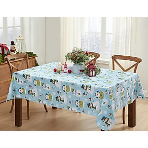 Newbridge Blue Snowy Snowman Print Flannel Back Vinyl Christmas Tablecloth - Cute Snowmen in Sweaters and Scarves Xmas Winter Holiday Wipe Clean Easy Care Tablecloth, 60” x 102” Oblong/Rectangle