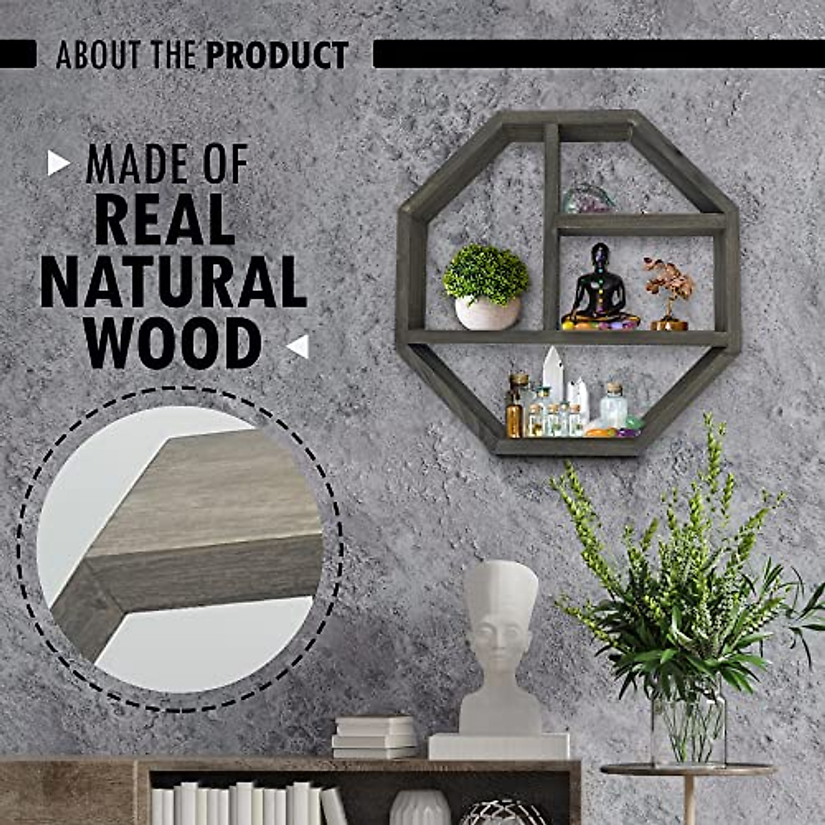 Asuare Wooden Hexagon Shelf | Floating Hexagon Shelf | Essential Oil Display | Crystal Display Shelf | Decor for Room, Bathroom, Living Room| Meditation Shelf