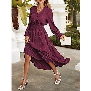 MASCOMODA Women Boho Maxi Dress 2023 Long Sleeve V Neck Swiss Dot Smocked High Waisted Button A-Line Ruffle Tiered Fall Long Dress(Medium, Wine Red)