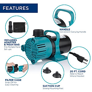 Alpine Corporation 3000 GPH Vortex Energy-Saving Pump for Ponds, Fountains, Waterfalls, and Water Circulation