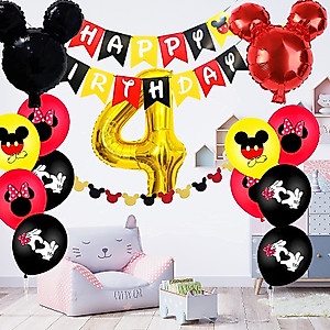 zrjssyp Mickey 4th Birthday Party Supplies, 4 Years Old Decorations for boys Three Decor Red Yellow Black Balloon Banner Number Foil Balloons Mouse Ears Headband Kids… (black 4th)