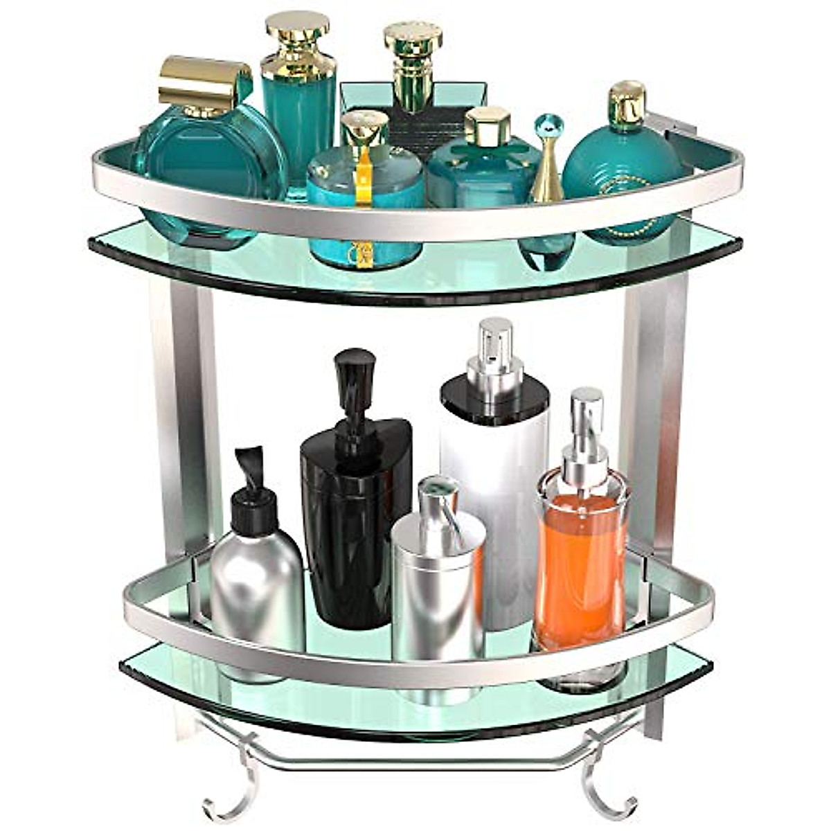 Vdomus 2 Tier Glass Corner Shelf, Bathroom Organizer Shower Caddy, Shower Shelve with Towel bar Wall Mounted, Glass Bathroom Shower Shelf Brushed Silver Finished