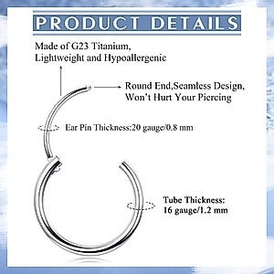 Milacolato G23 Titanium Hoop Earrings for Women Men Hypoallergenic Hinged Huggie Hoop Earrings Cartilage Helix Sleeper Lightweight Small Hoop Earring Silver, 8mm