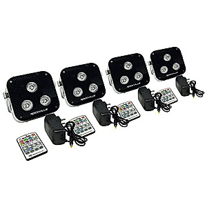 Rockville 4 Pack Mini RF3 Bright DJ Par Up Lights+Bag+RF Remotes+Wireless DMX, Silver