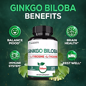 1000mg Ginkgo Biloba Supplements with L-Tyrosine, L-Theanine - 120 Capsules for 2-Month Supply - Support Focus, Mermory Function, Brain Health & Vision Quality