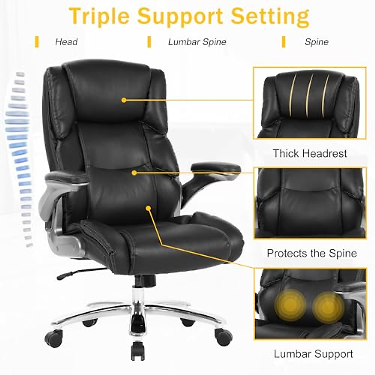 Ergonomic Big and Tall Office Chair Heavy Duty 400lbs Adjustable Rolling Swivel Desk Chair Pu Leather Executive Task Work Chair High Back Tilt Computer Chair w/Flip-up Armrest & Lumbar Support, Black
