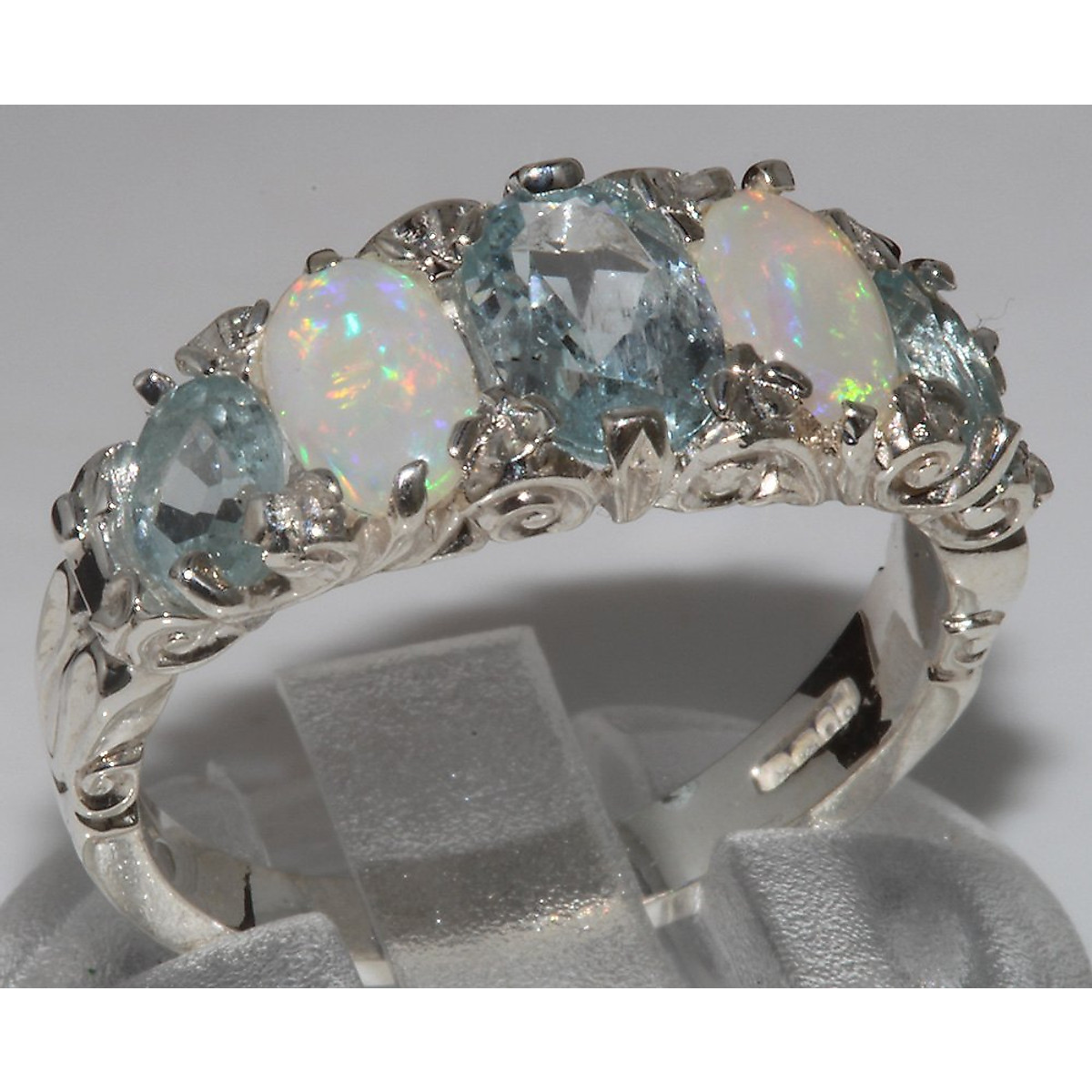 LetsBuyGold 925 Sterling Silver Real Genuine Aquamarine and Opal Womens Promise Ring - Size 9