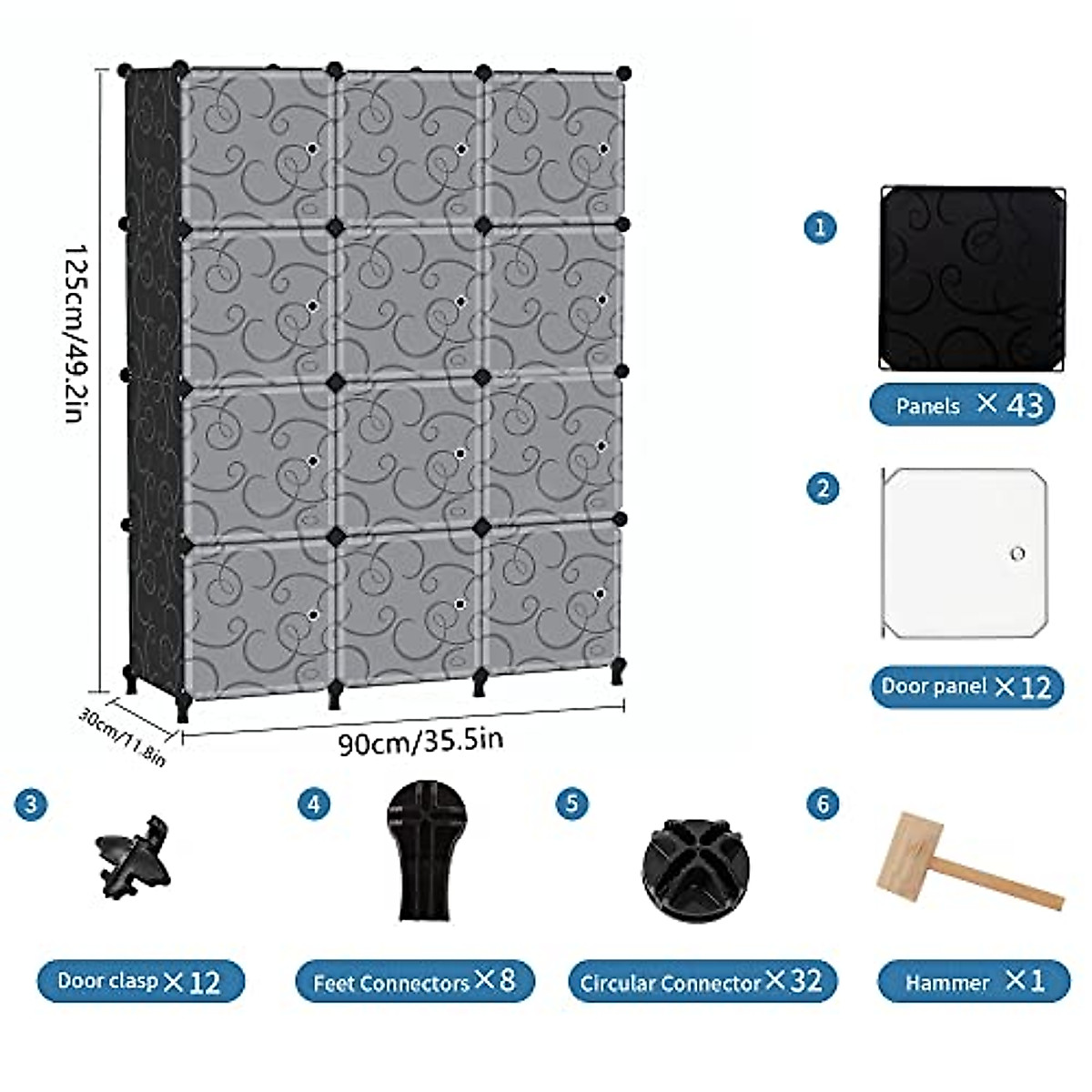 AWTATOS 12 Cube Storage Organizer with Doors, DIY Plastic Closet Storage Shelf, Modular Storage Bookshelf, Stackable Storage Shelving Rack for Bedroom, Home, Living Room, Black ULPZ012