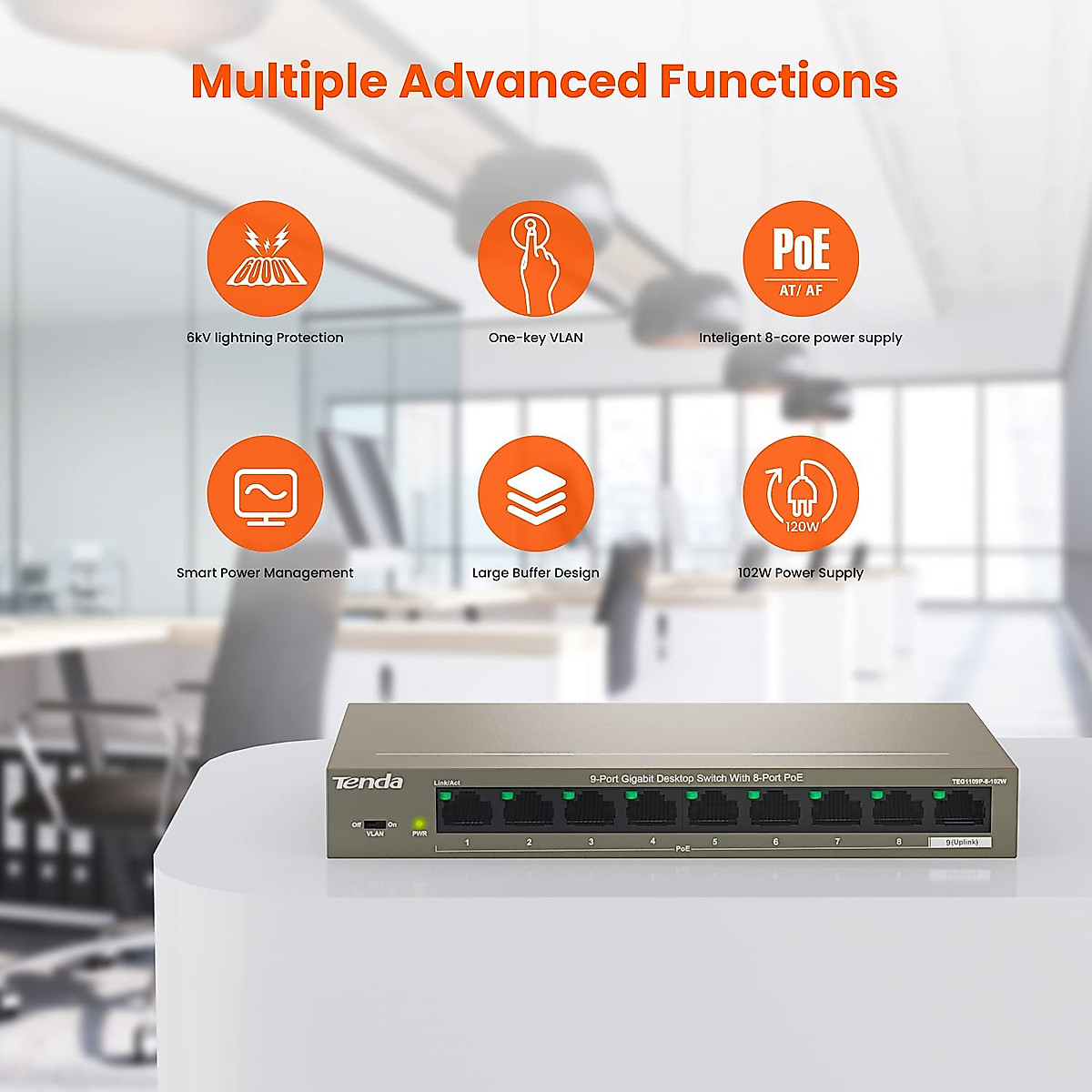 Tenda TEG1109P, 8 Port Gigabit PoE Switch Compatible with IEEE 802.3af/at Devices, Unmanaged PoE Switch with 8 Port PoE+@102W, w/ 1 Uplink Gigabit Port, Metal Design, Limited Lifetime Protection