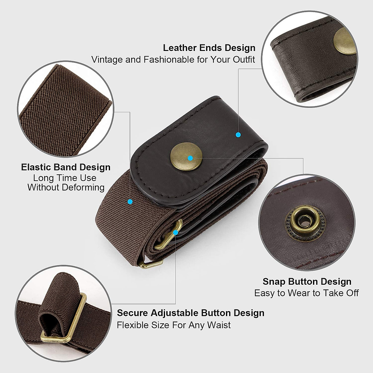 WHIPPY No Buckle Stretch Women Belt for Jeans Pants, Elastic Buckle Free Invisible Belts for Men up to 48 Inches (Coffee, Fit Pants Size 22-29 Inches)