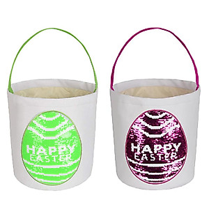 2 Pack Easter Basket for Kids Easter Bunny Basket Egg Bags Canvas Cotton and Eggs Hunt Bag Bunny Canvas Tote Easter Decorations Eggs Candy and Gifts Carry Bucket