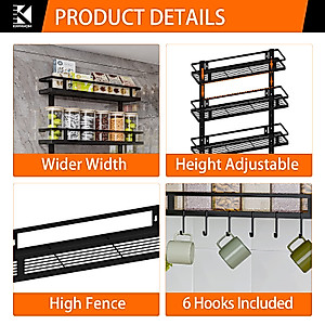 KAFAHOM Spice Rack Organizer Wall Mount, 5 Tier Height-Adjustable Hanging Spice Shelf Storage with 6 Hooks, Farmhouse Seasoning Organizer,Large Kitchen Wall Shelves for Cabinet, Wall, Pantry Door