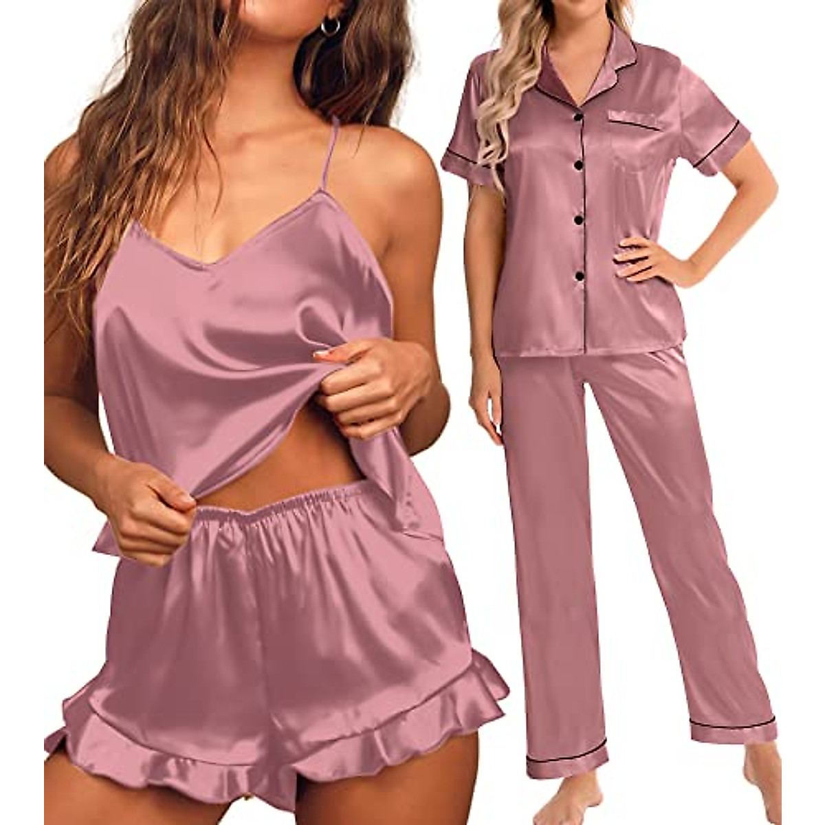 SWOMOG Womens 4 Piece Satin Pajamas Silk Short Sleeve Pj Sets Long Bottoms V Neck Cami Ruffle Shorts Pajama Pants Bridal Pjs Misty Rose